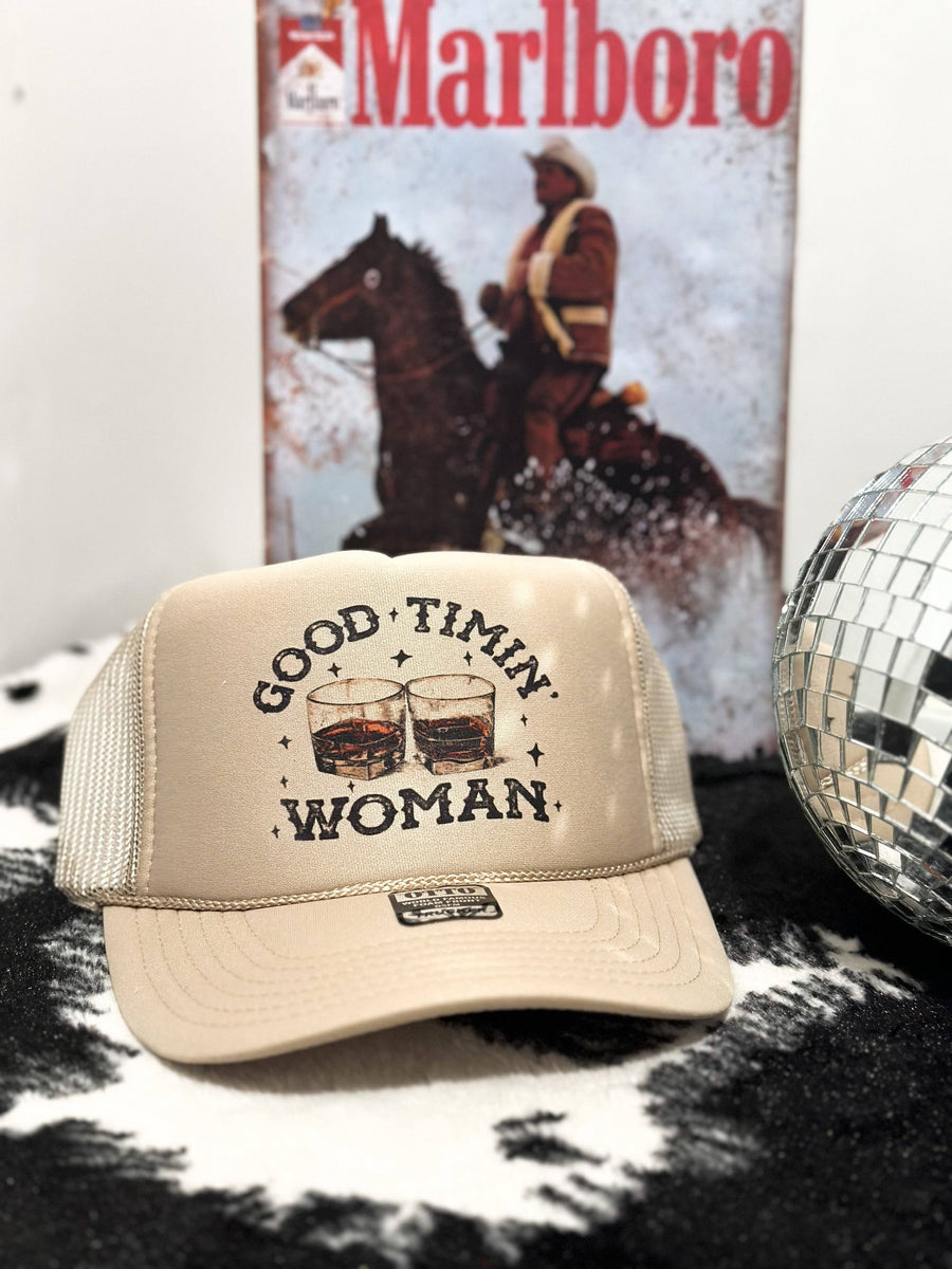Good Timin Woman Trucker Hat | Two Words One Finger